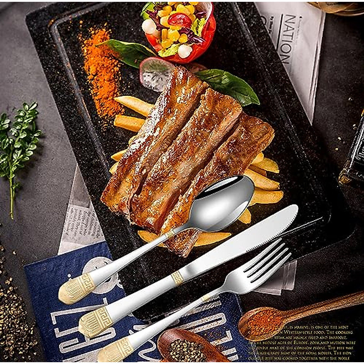 Silverware Set Cutlery Utensil Flatware Food-Grade Stainless Steel Luxury Relief Plating Retro Golden Handle Home Restaurant Small Business,Mirror Finish Tableware 24 Piece Service for 6