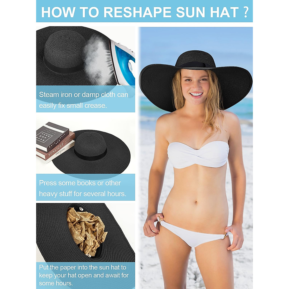 Beach Hats for Women, Wide Brim Sun Straw Hat Foldable Summer Floppy Hat UV Protection Cap Black
