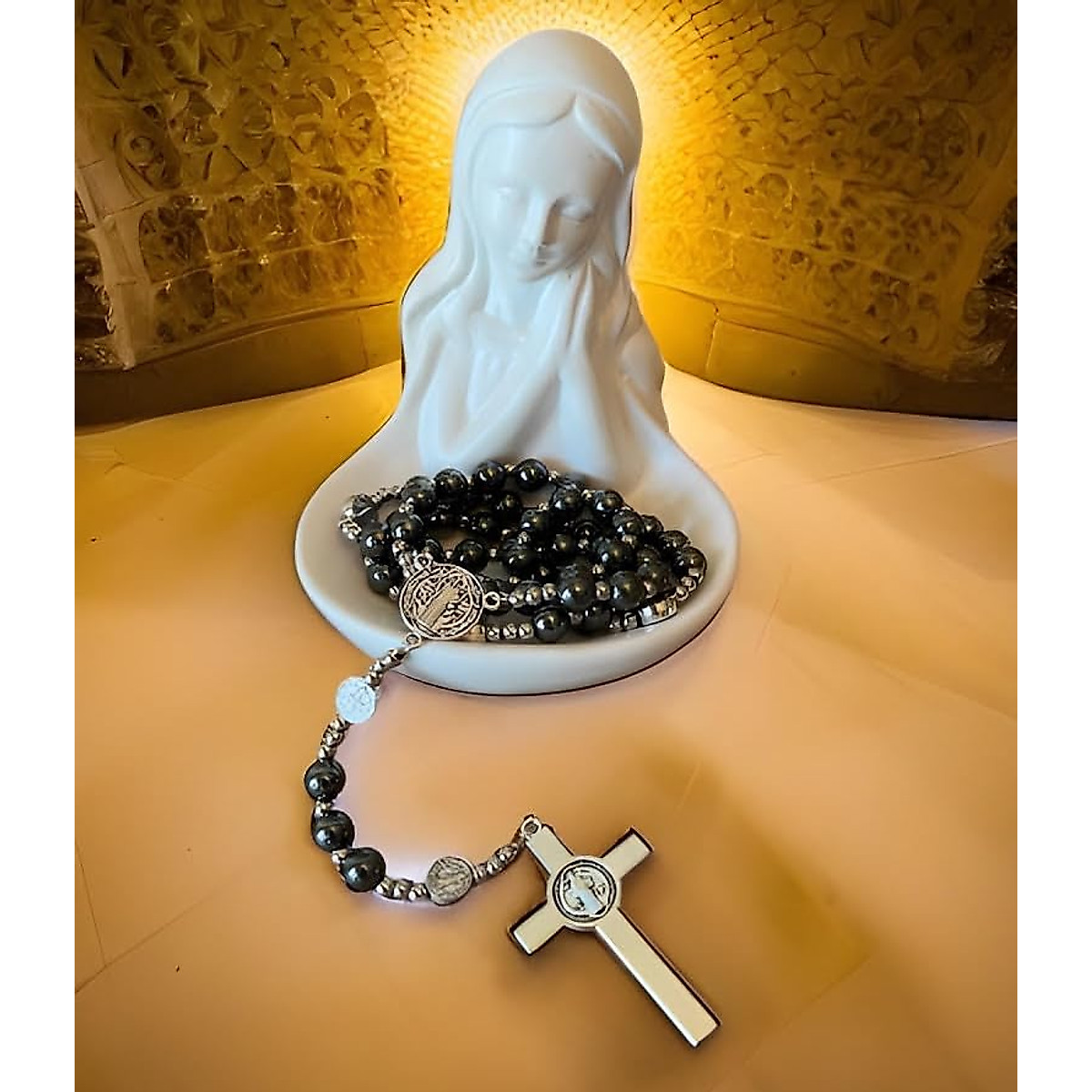 Top Brass Porcelain Rosary/Jewelry Holder - Blessed Virgin Mary/Lady of Grace Angelic Madonna Prayer Bead Necklace Tray Decor