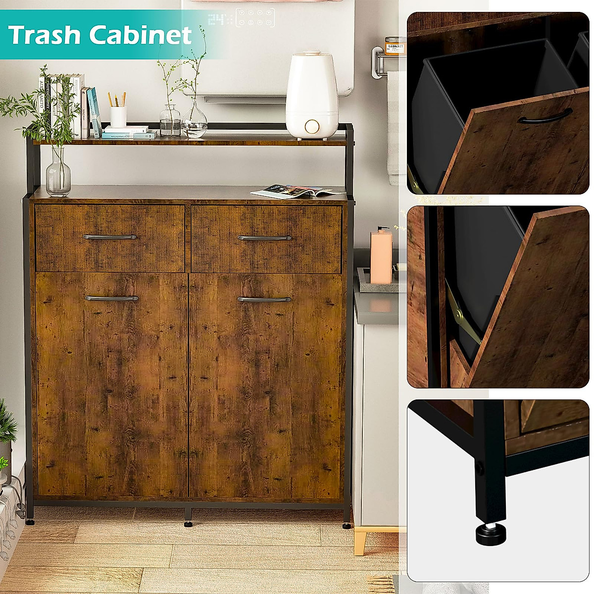 ZIAERKOR Double Tilt Out Trash Cabinet, Hidden Trash Bin Cabinet, Large Wooden Trash Can for Kitchen with Shelf, Dual Tilt Out Laundry Hamper Cabinet Free Standing Holder 10 Gallon