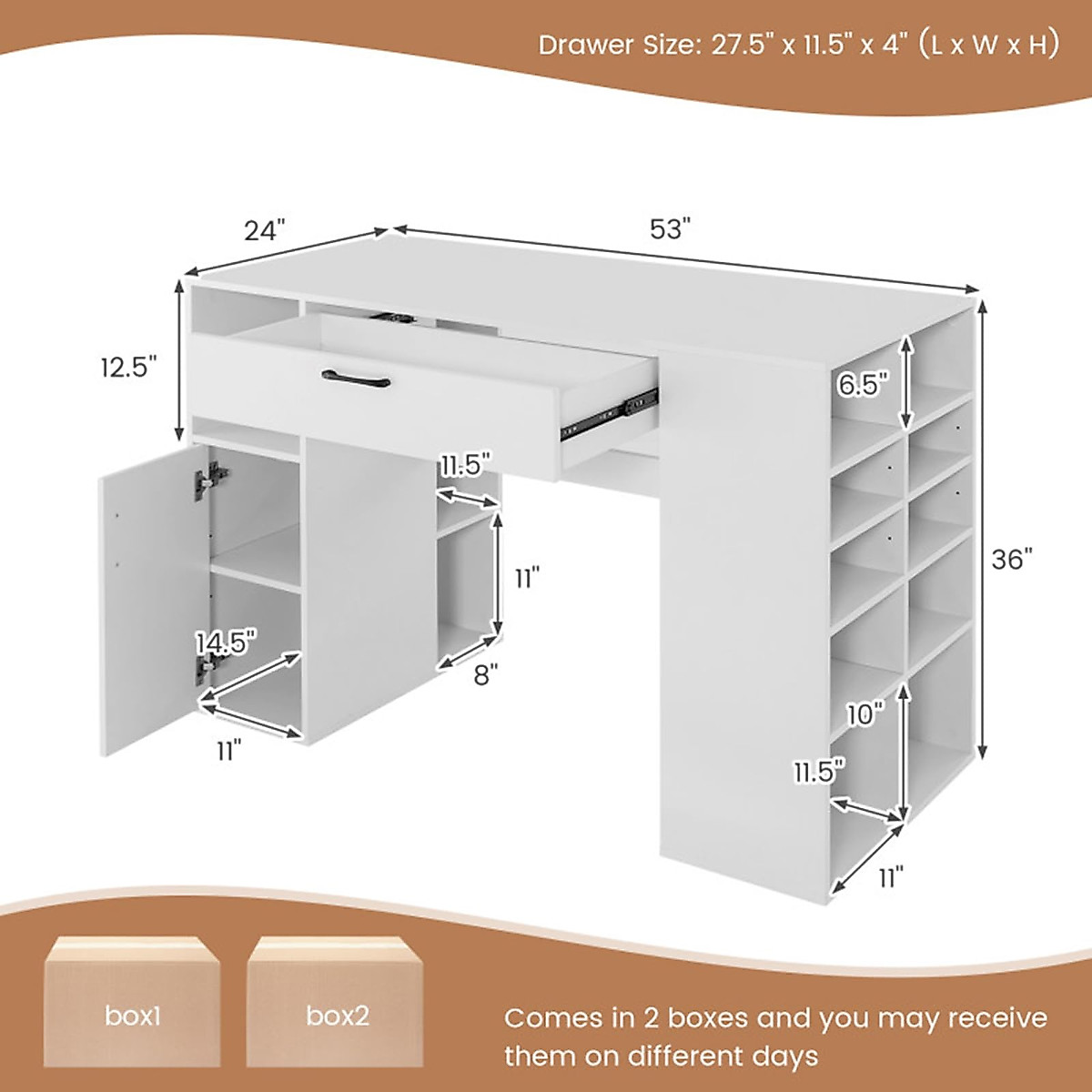 Craft Table with Storage, Artwork Sewing Table 14 Large & Small Storage Compartments, Counter Height Sewing Craft Table with Adjustable Shelves and Drawer