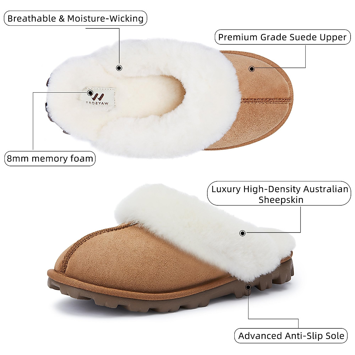 WaySoft Australian Sheepskin Women’s Slippers, 100% Shearling Wool, Hard Sole, Warm Fuzzy Indoor Outdoor