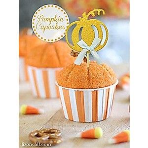 Pumpkin Cupcake Toppers Boy, Fall Theme Cake Decorations for Pumpkin Baby Shower, Birthday Party Decorations-24 Packs