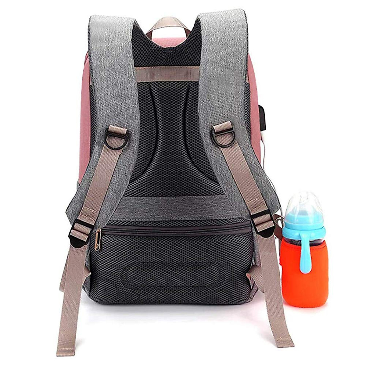 Loodial Diaper Bag Backpack with USB Charging Port for Bottle Warmer, Multifunction Travel Back Pack Maternity Baby Nappy Bags, Large Capacity, Waterproof and Stylish, Grey-Pink