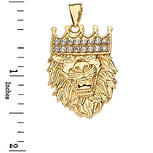 Solid 14k Yellow Gold Crown Lion King Head Pendant with Cubic Zirconia