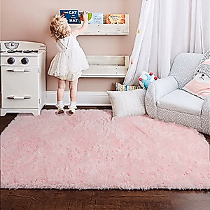 Pink Area Rug for Girls Bedroom,Fluffy Shag 4'X6' Living Room,Furry Carpet Kids Room,Shaggy Throw Nursery Room,Fuzzy Plush Dorm,Pink Carpet,Cute Room Decor Baby