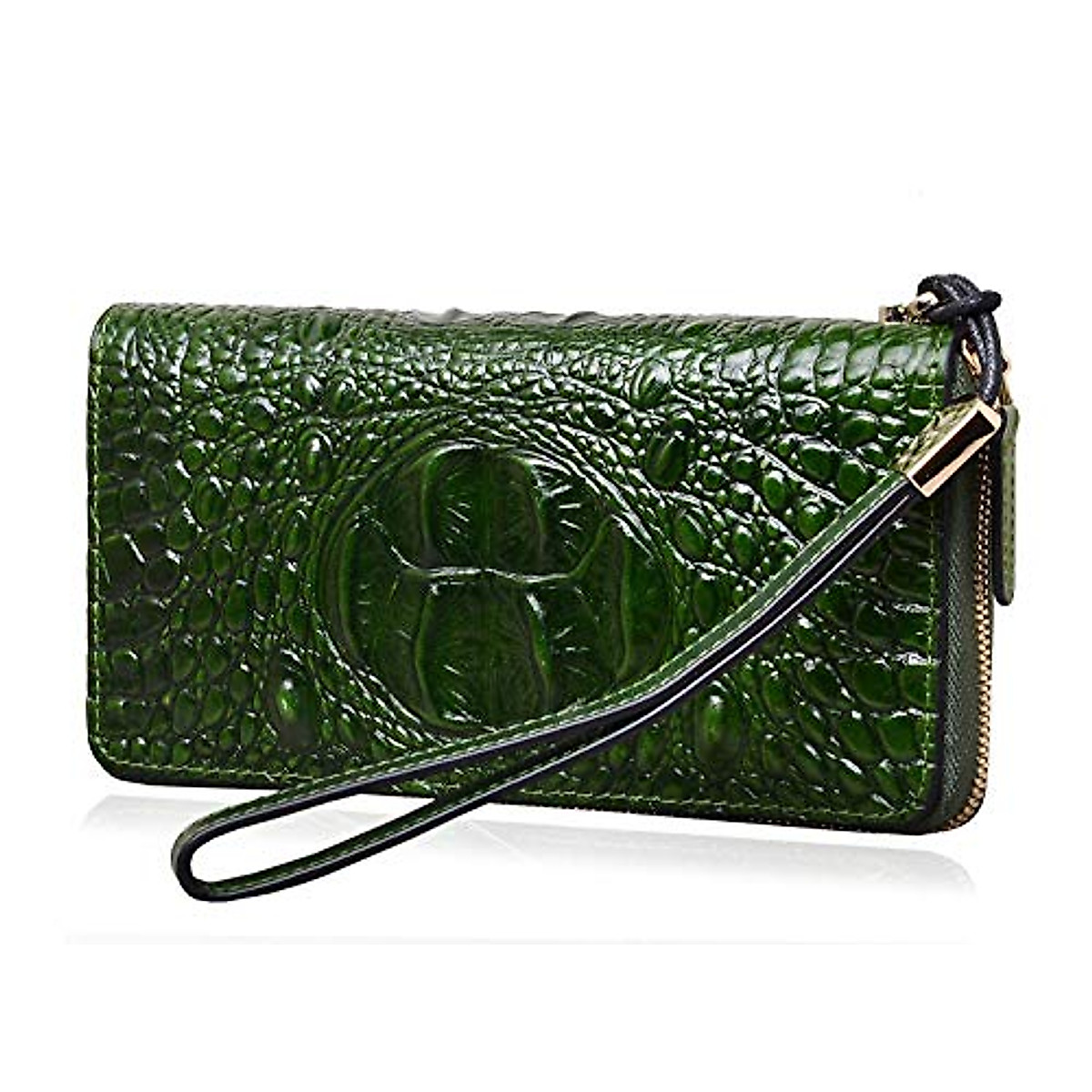 PIJUSHI Wristlet Wallet Crocodile Leather Wallets for Women Ladies Clutch Purse (1058 Green)