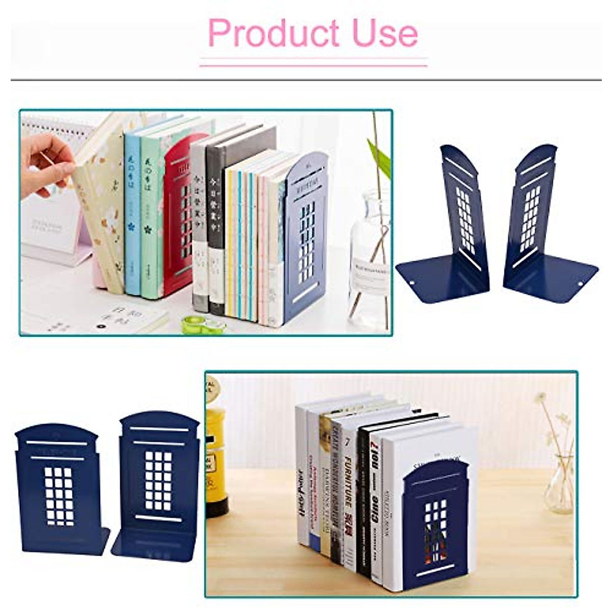 Bookends Blue, MerryNine 1 Pair Heavy Metal Non Skid Sturdy Telephone Booth Decorative Gift for Bookshelf Office School Library