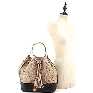 Boho Tassel Ostrich Print Vegan Leather Handle Bucket Handbag Satchel Wallet Set (Brown/Dark Brown)