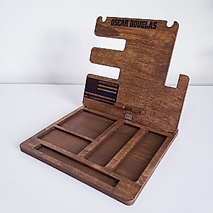 Custom Wood Phone Docking Station Personalized Gifts for Men Boyfriend Husband Son Dad as Anniversary Birthday Nightstand with Key Holder Gun Holder Wallet Stand and Watch Organizer