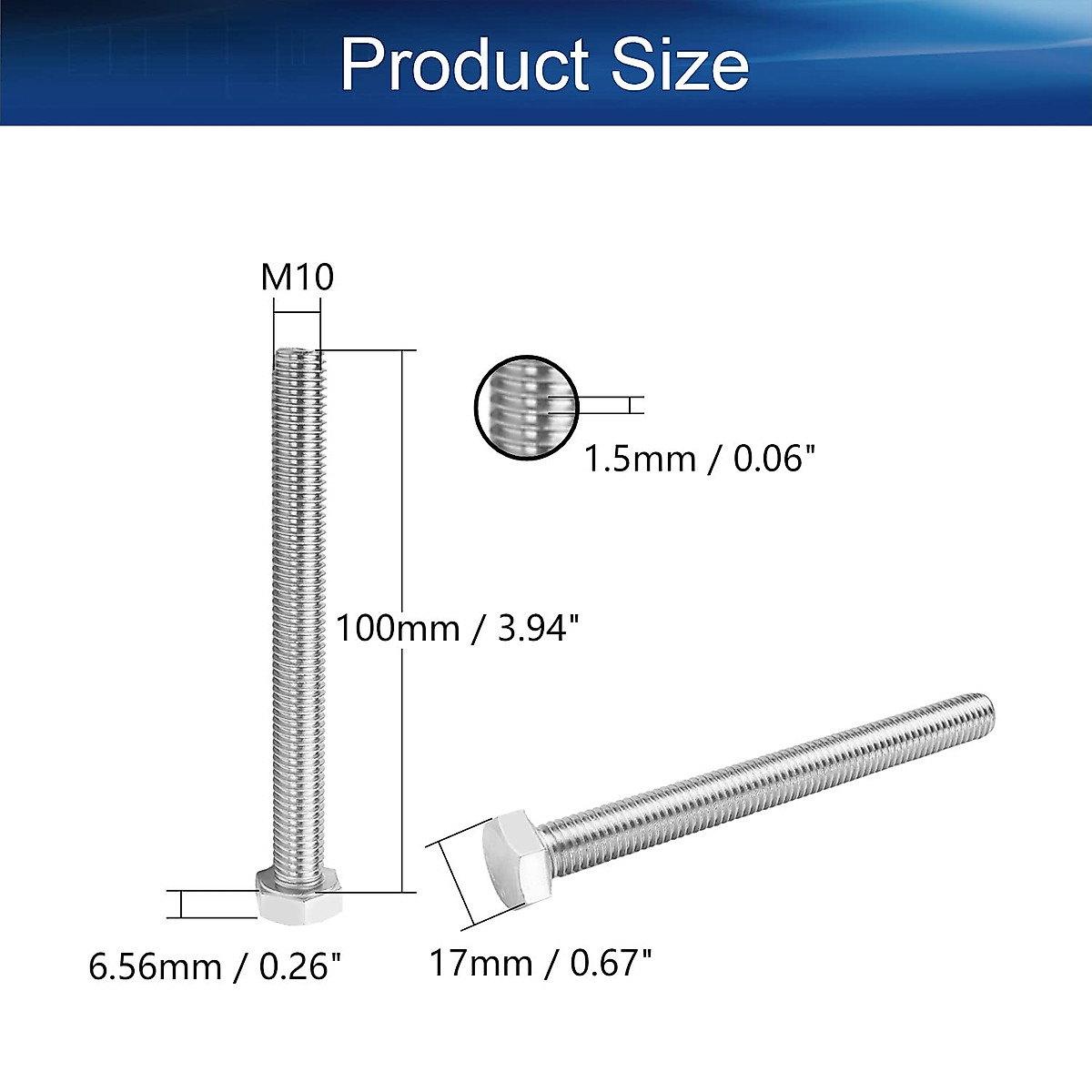 Bettomshin 4Pcs M10 x 100mm Hex Bolts, 304 Stainless Steel 1.5mm Thread Pitch Fully Threaded Metric Hex Head Screw Bolts, Hexagon Screw Bolt, Hex Tap Bolts, Silver (Overall Size 106.56x17x17mm)