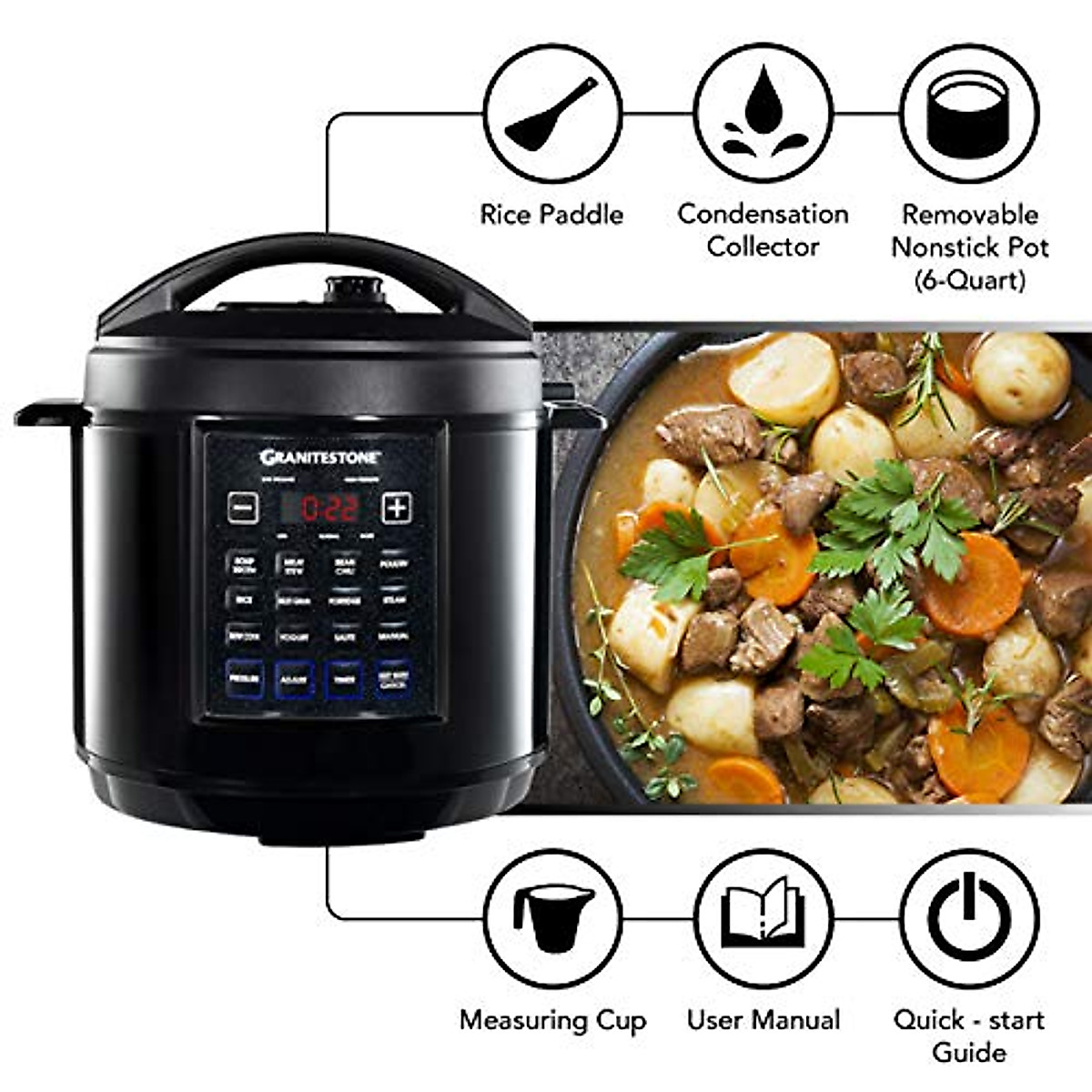 Granitestone 12-in-1 Multicooker with LED Display, Electric Pressure Cooker, Slow Cooker, Rice Cooker, Steamer, Saute, Yogurt Maker and Warmer, 6 Quart, 12 Pre-Set Functions As Seen On TV