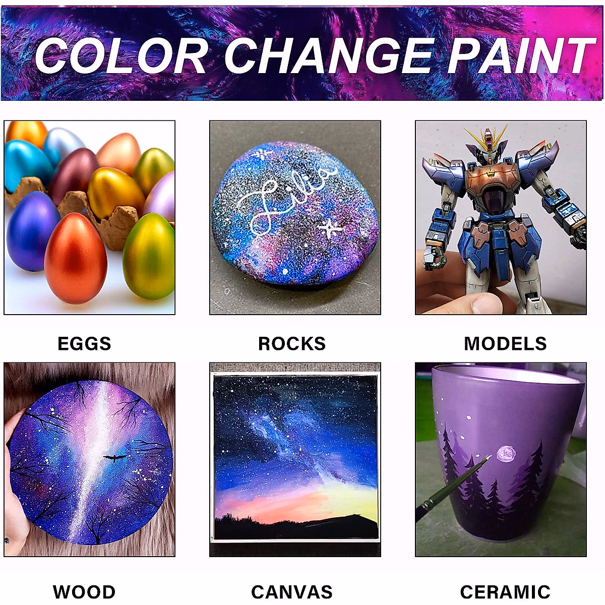 ABEIER Iridescent Acrylic Paint, Set of 18 Chameleon Colors, 2 oz/60ml Bottles, Color-shifting, Non-Toxic, High Viscosity, Blendable, Paints on Rocks Crafts Canvas Wood, Fabric, Ceramic & Stone