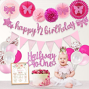 Half Birthday Decorations Baby Girl, Hombae 12 Birthday Decorations Supplies, 6 Months Birthday Decorations, Pink Rose Gold Glitter Half Birthday Banner with Triangle Flag Banner, 12 Birthday Hat