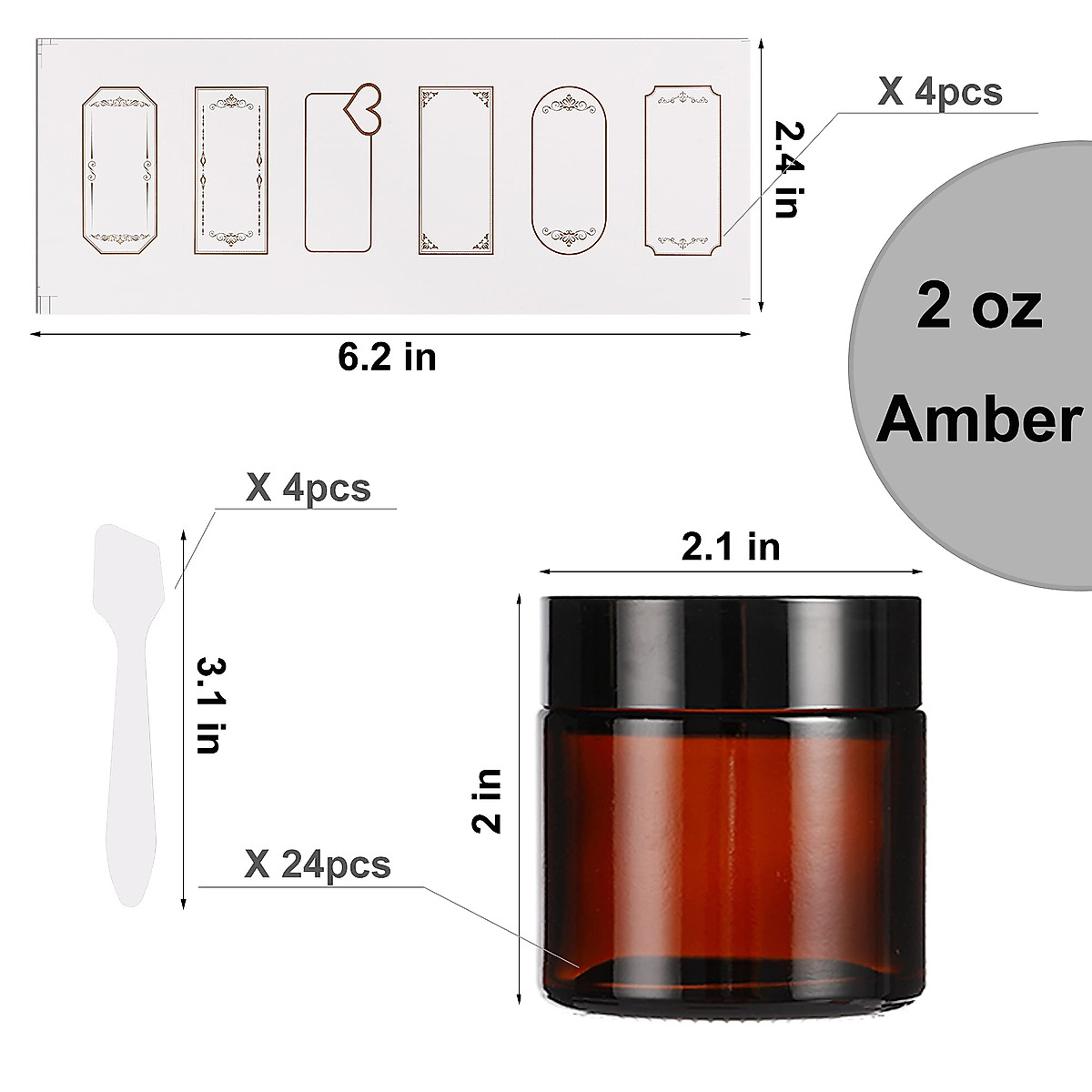 24 Pack 2oz Amber Glass Jars with Black Lids, Round Empty Containers for Scrubs, Lotions, Cosmetic, and Ointments, Travel Storage Jar with White Inner Liners, lables and Spatulas