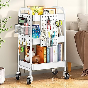 3 Tier Rolling Utility Cart - Craft Storage Organizer with Wheels, Art Cart with DIY Dual Pegboards, Removable Baskets Hooks, for Office, Home, Kitchen, Classroom (White)