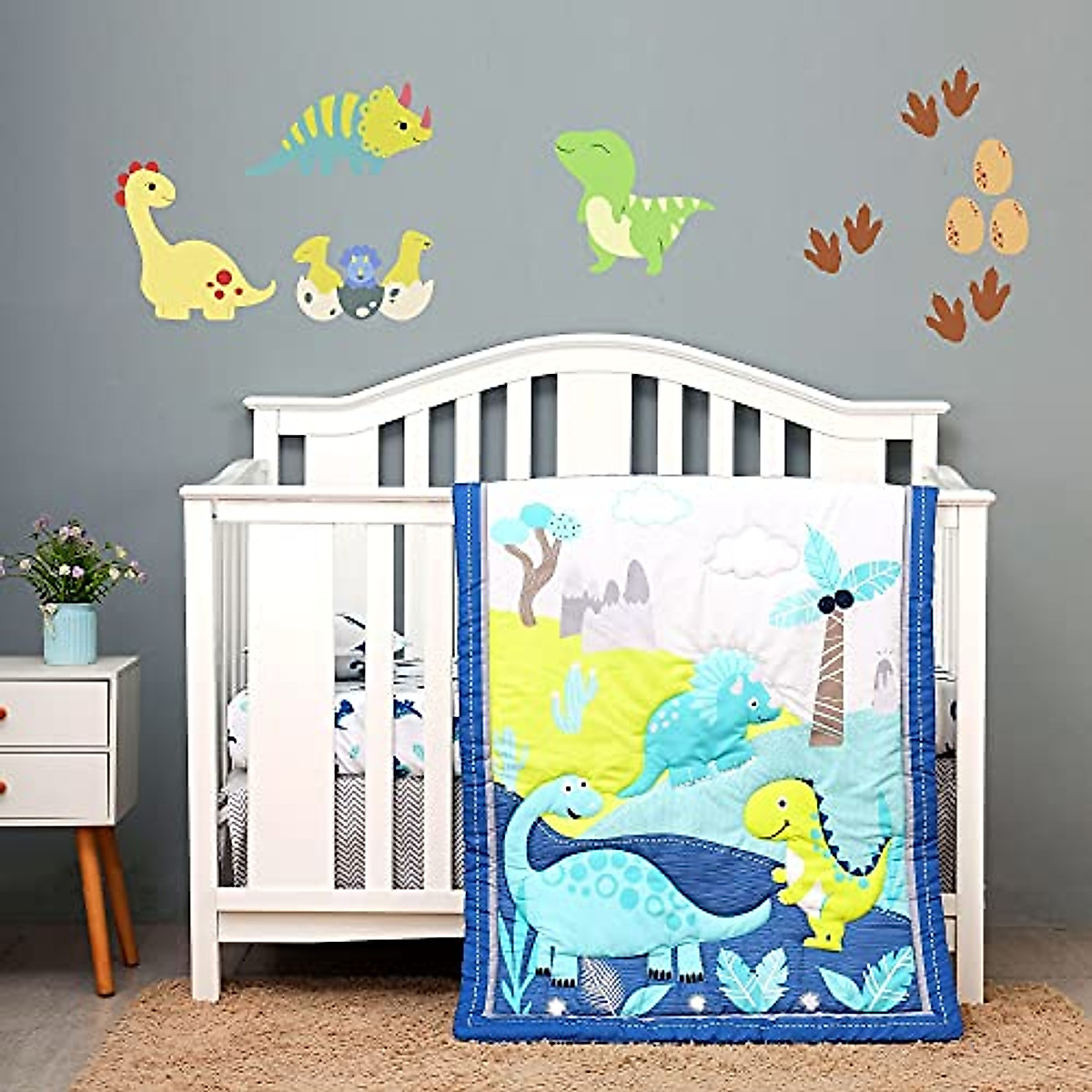 Baby Bees 4 Pieces Cartoon Dinosaurs Crib Bedding Sets for Boys and Girls | Baby Bedding Crib Set of Crib Fitted Sheet, Quilt, Dust Ruffle & Pillow Cover for Standard Size Crib,Blue