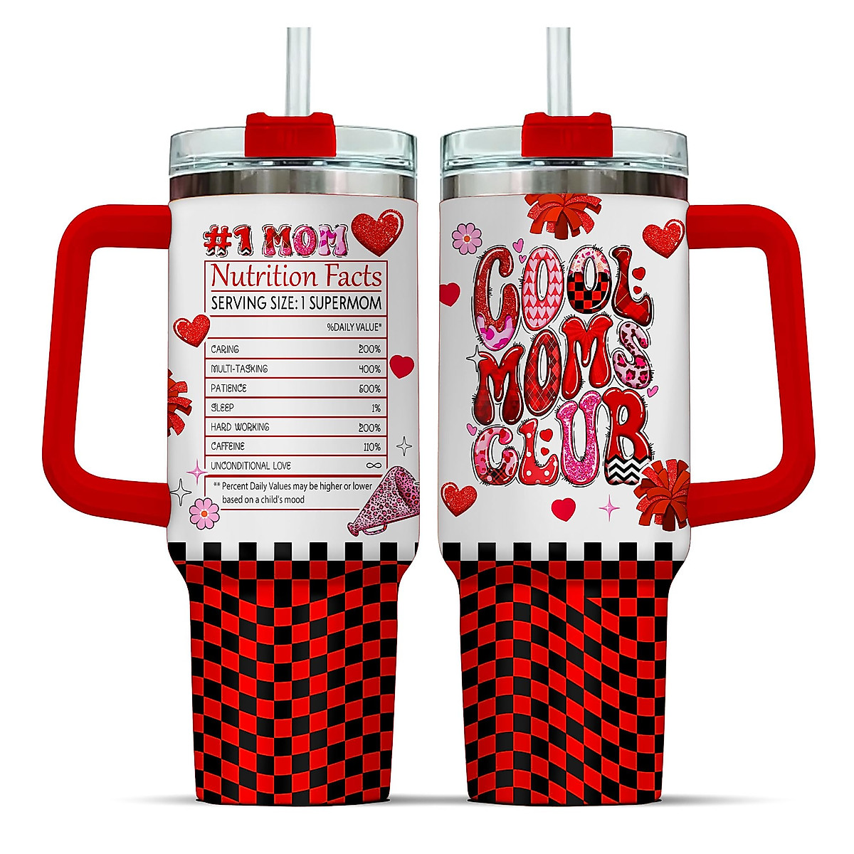 99WHALE Cool Moms Club Gifts, Tumbler 40 Oz With Handle Lid And Straw, Red Print Green Daisy Water Straws Simple Simply Handle Tumblers, Mom Retro Groovy Checked Nutrition Facts