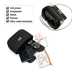 JSTRIVE Cute Purses for Teen Girls Small Purse and Quilted Crossbody bags for Women with Chain Strap, Nylon Lightweight, 8” Black