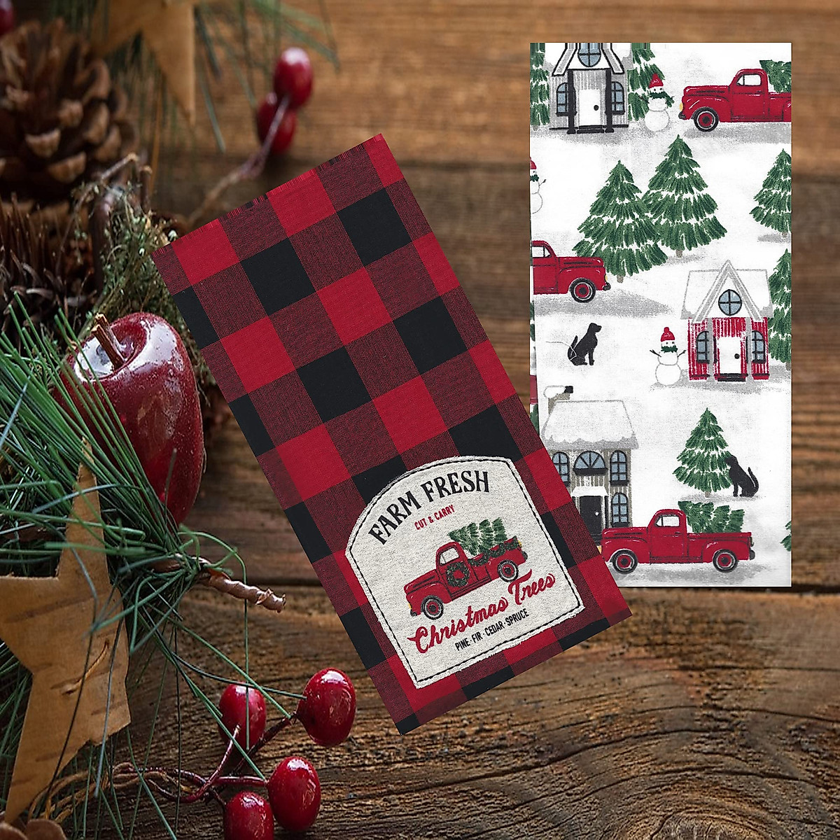 St. Nicholas Square Kitchen Hand Towels, Set of 2, Farm Fresh Christmas Trees Appliqued Embroidery Red Truck, Red and Black Buffalo Plaid Flat Cotton Dishtowels for Home Decorating