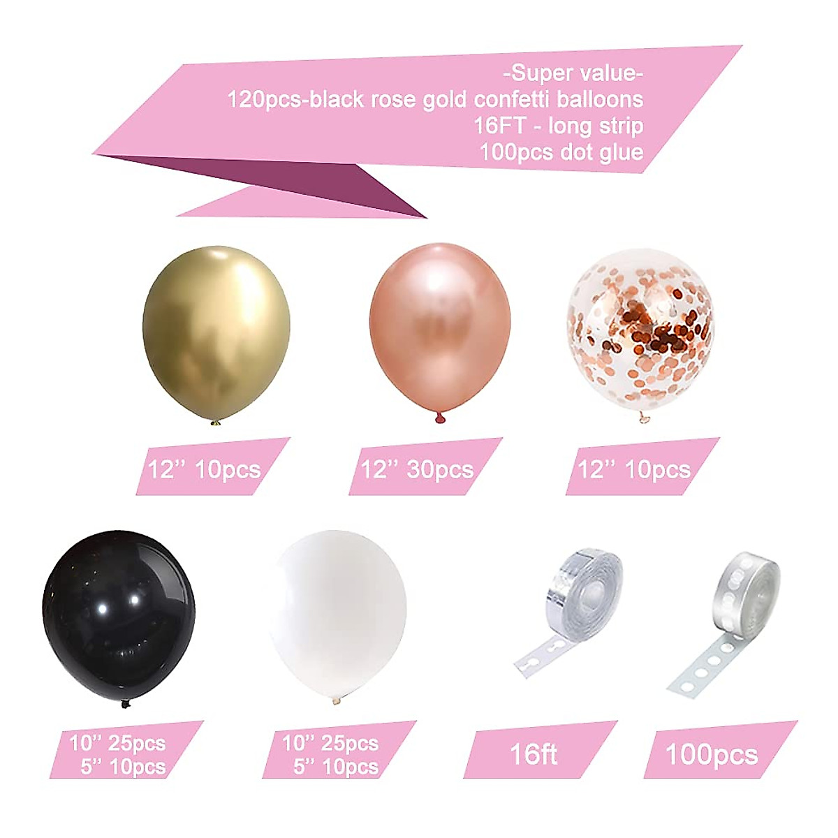 KBZVNAF Rose Gold Black Balloons Garland Kit - 120 Pack Black White Metallic Gold and Rose Gold Confetti Latex Balloons Garland for Wedding Birthday Bridal Shower Anniversary Party Decorations