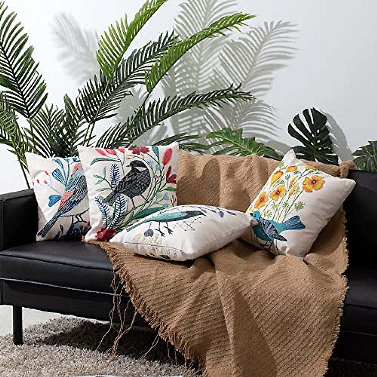 Waterproof Throw Pillow Covers 4 Pack Outdoor Farmhouse Linen Cushion Covers Square Decorative Pillow Cases for Patio Garden, Bird 18x18 inches