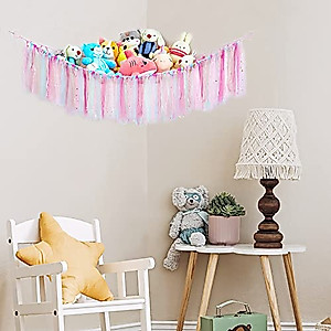 Pink Stuffed Animal Net Hammock, Toy Hammock Hanging Stuffed for Animal Storage with Tassels for for Flat Wall,Nursery Play Room, Kids Girl Bedroom Decor