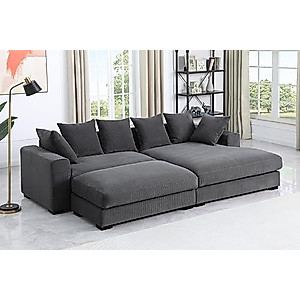 Oversized 3-Piece Right Facing Sectional Sofa Couches W/Ottoman for Living Room, 109.75-Inch L Shaped Corduroy Upholstered Convertible Sofa&Couch with Left Chaise Daybed and 6 Pillows