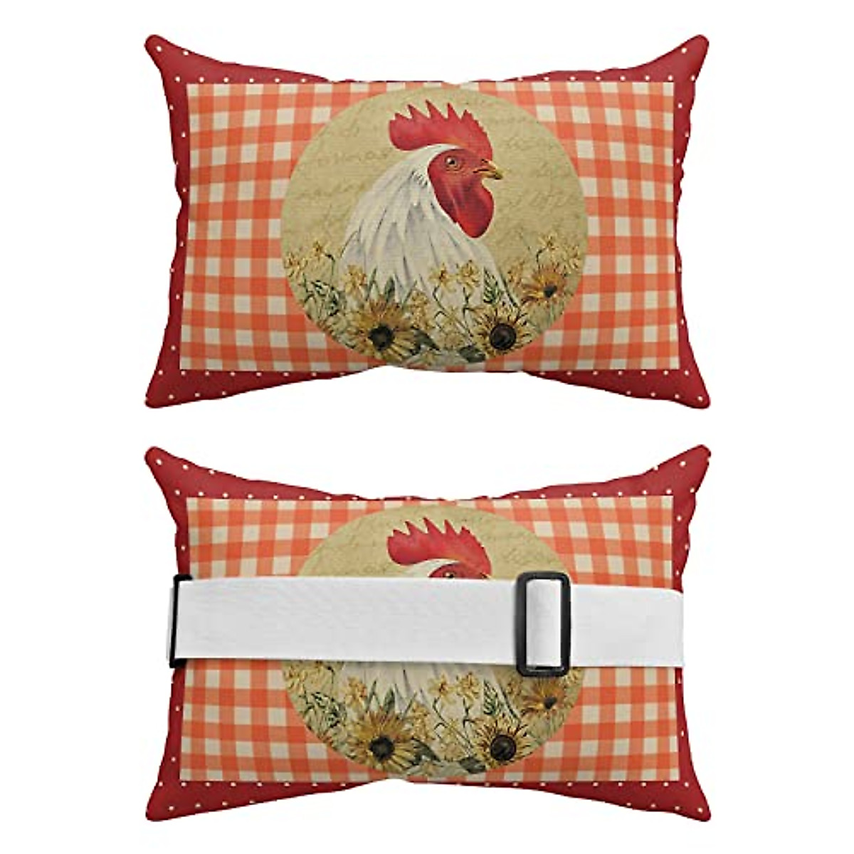 Recliner Head Pillow Ledge Loungers Chair Pillows with Insert Retro Rooster Sunflower Plaid Polka Dot Lumbar Pillow with Adjustable Strap Outdoor Waterproof Patio Pillows for Beach Pool, 2 PCS