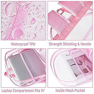 Mancro Clear Backpack for Girls, TPU Transparent Bookbag Heavy Duty See Through School Bag with 14 Inches Laptop Compartment, See Through School Backpack, Pink