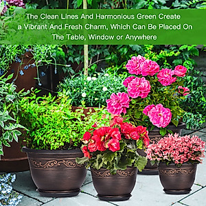 Plastic-Plant-Flower-Planters-8 Inch with Drainage Hole & Saucer, 6 Packs Lightweight Small Resin Flower Pot Indoor Outdoor, Retro Antique Imitation Decorative Garden Containers Sets for Houseplants