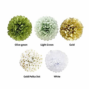 ANSOMO Olive Sage Green Tissue Paper Pom Poms Party Decorations Wild Safari Jungle Botanical Greenery Neutral White Gold Flowers Wall Hanging Birthday Bridal Baby Shower Wedding Décor