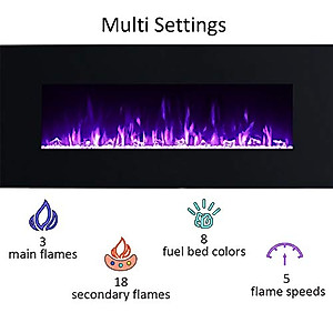 PuraFlame Serena 50 Inches Wall Mounted Linear Electric Fireplace with Log Set & Crystal, Adjustable Flame Color and Speed, 750 / 1500W Heater, Remote with Timer, 50.38 x 5.44 x 21.63 inches, Black