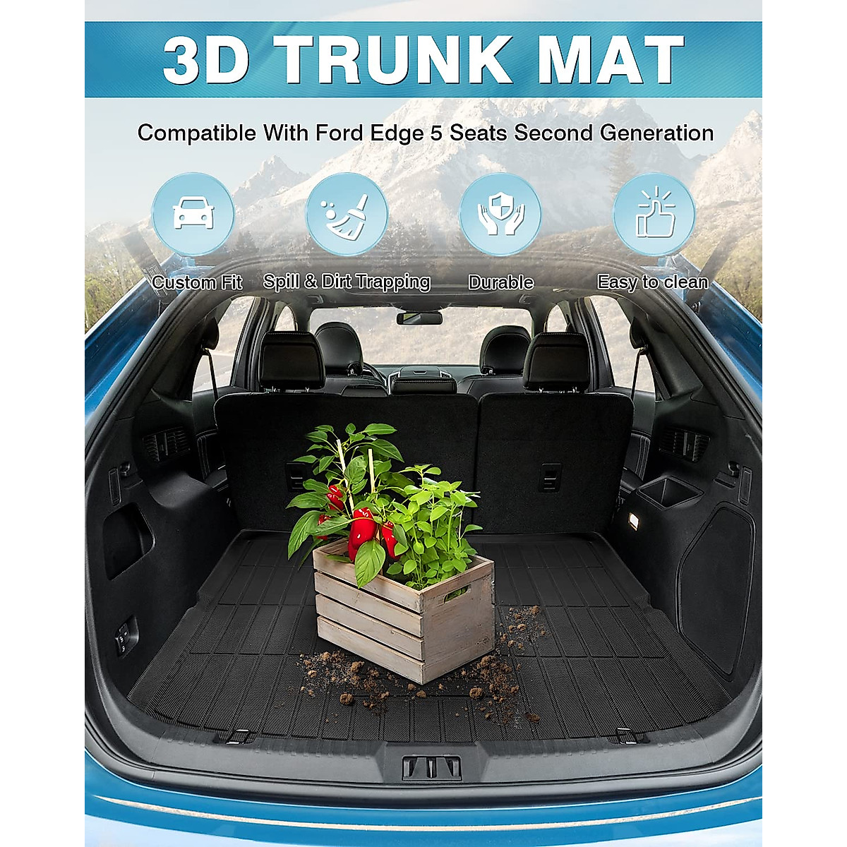 Mixsuper Cargo Liner for Ford Edge 2015-2024 (5 Seats) All Weather Cargo Mat Trunk Liner Rear Trunk Tray Black