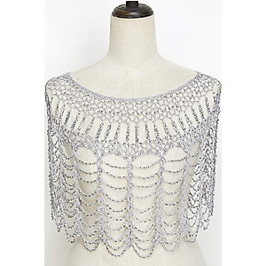 BABEYOND 1920s Shawl Wraps Beaded Net Evening Cap Wedding Bridal Shawl Scarf (Silver)