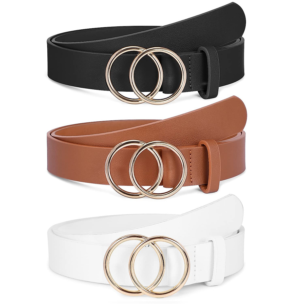 XZQTIVE 3 Pack Women's Leather Belts For Jeans Dresses Pants Fashion Ladies Waist Belt with Gold Buckle