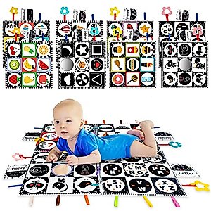 DPTOYZ Newborn Toys 0-6 Months, Tummy Time Toys with Mirror and Teether, High Contrast Baby Toys Black and White Sensory Toys for Babies 0-6-12-18 Months, Play Mats Infant Boy Girl Gift Set-Pack of 4