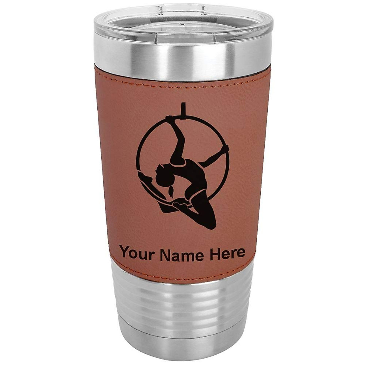 LaserGram 20oz Vacuum Insulated Tumbler Mug, Aerial Hoop, Personalized Engraving Included (Faux Leather, Dark Brown)