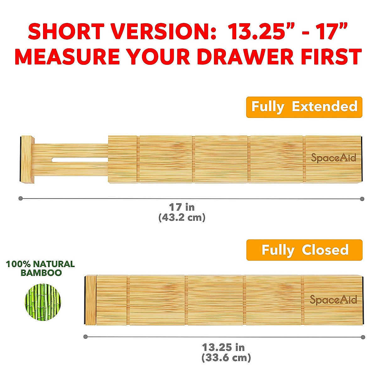 SpaceAid Bamboo Drawer Dividers with Inserts and Labels, Kitchen Adjustable Drawer Organizers, Expandable Organization for Home, Office, Dressers, 4 Dividers with 9 Inserts (13.25-17 in)