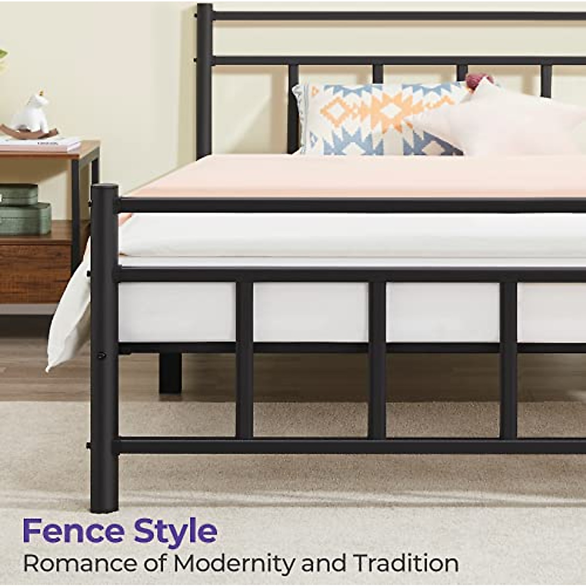GreenForest Queen Bed Frame with Headboard Metal Platform Bed Heavy Duty No-Noise Steel Slats Support Mattress Foundation, No Box Spring Needed, Queen Size