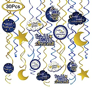 30pcs Twinkle Twinkle Little Star Baby Shower Birthday Hanging Swirls Decorations, Moon and Stars Baby Shower Birthday Party Foil Swirls Decor Supplies