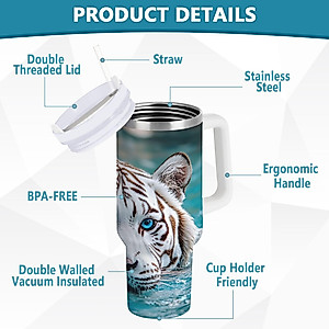 xigua 40 oz White Tiger Tumbler with Handle and Straw Lid, Stainless Steel Vacuum Insulated Sports Water Bottle, Keeps Cold or Hot Coffee Cup Travel Mug