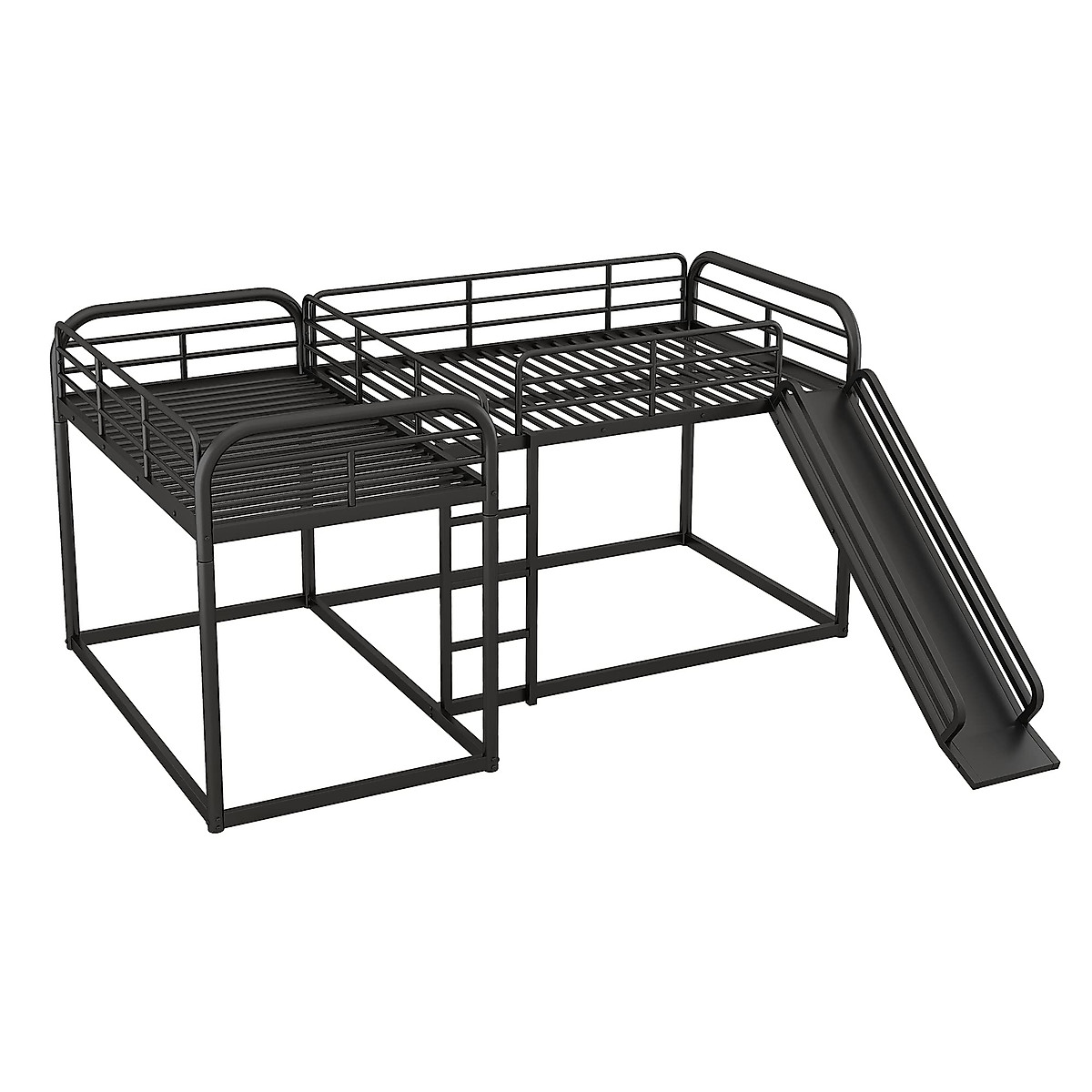 Quarte Modern Metal L-Shaped Bunk Bed with Slide and Short Ladder,Full and Twin Size Bunk Bed with Guardrails,for Kids Toddler Boys Girls Teens Adults Bedroom Use (Black@Q)
