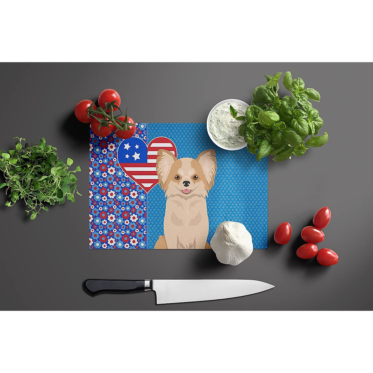 Caroline's Treasures WDK5165LCB Longhaired Gold and White Chihuahua USA American Glass Cutting Board Large Decorative Tempered Glass Kitchen Cutting and Serving Board Large Size Chopping Board