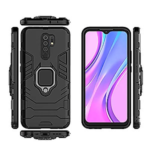 FaDream for Xiaomi Redmi 9 Case, Rugged Shockproof Dual Layer Heavy Duty Protective Kickstand Cover with [2 Pack] Tempered Glass Screen Protector (Black)