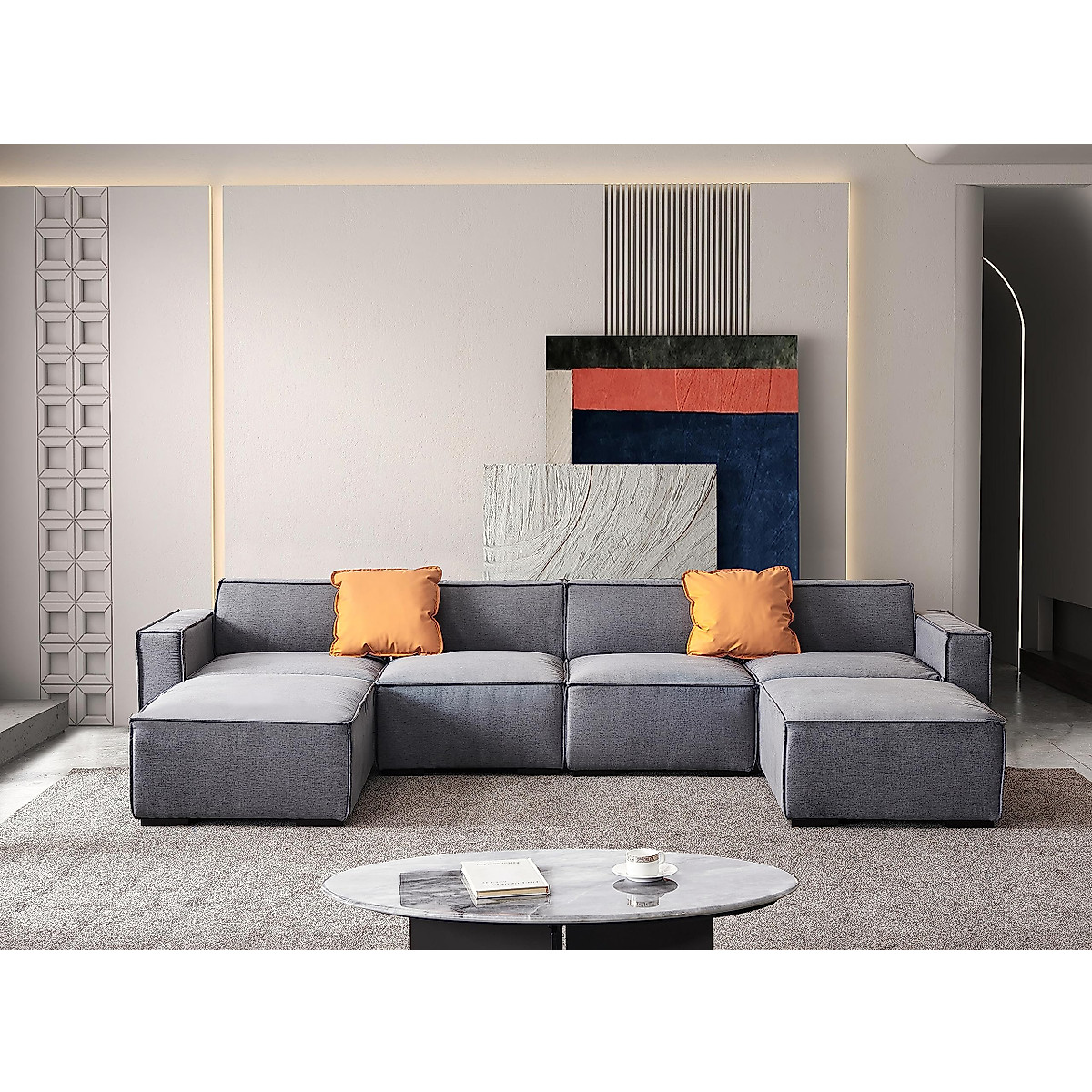 Moxoq Luxury Modern Modular U-Shaped Sectional Sofa Set, Minimalist Linen Fabric Upholstered Comfy Couch with Convertible Chaise, Large Cloud Couch for Living Room (Dark Grey, U-Shaped)