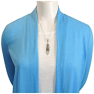 925 Sterling Silver Gemstone & Turquoise Feather Necklace (Pendant & 24" Chain) (Multi-00)