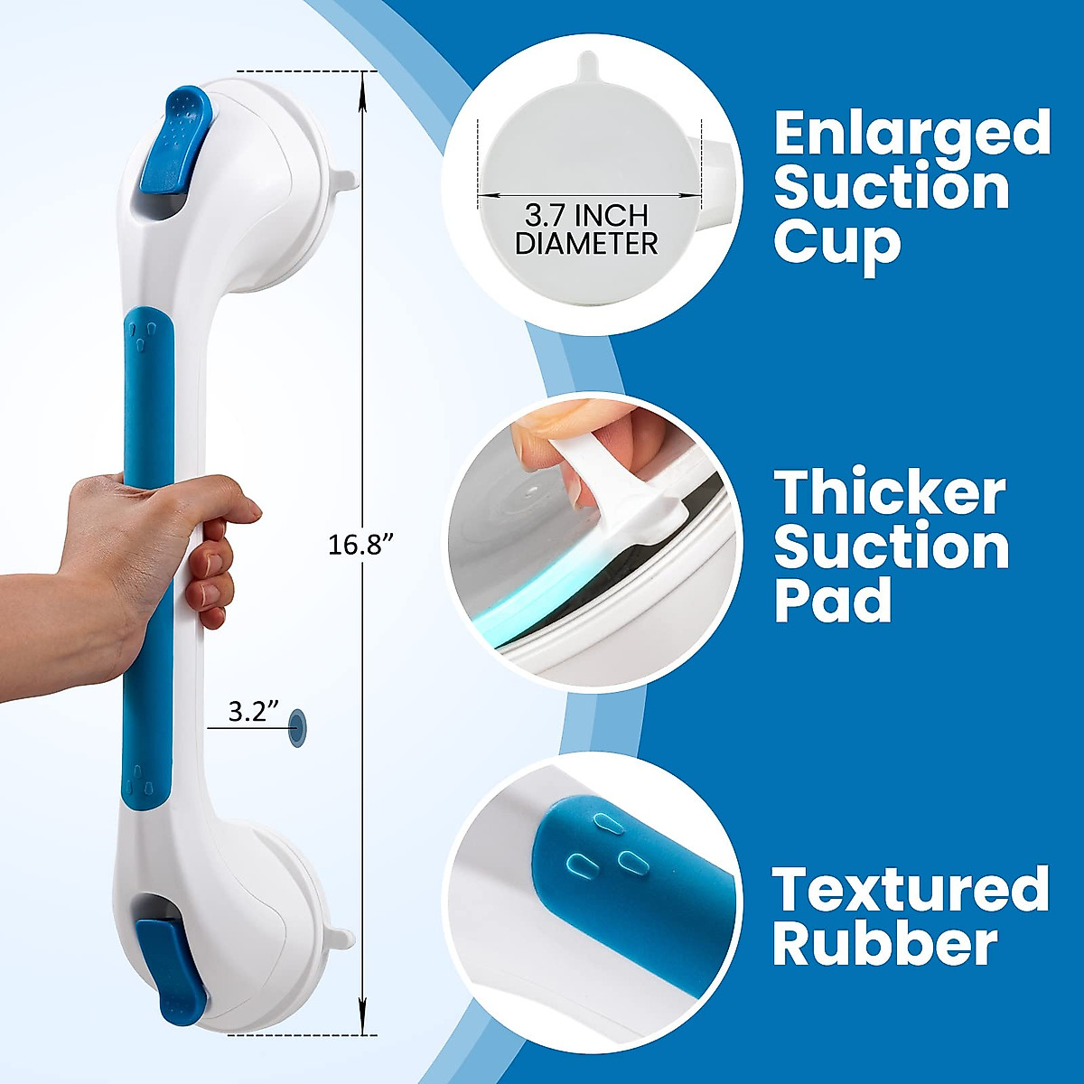 LEVERLOC Shower Grab Bars for Bathtubs and Showers, Easy to Install Suction Shower Handle for Bathroom Removable Safety Grip for Seniors Elderly, Heavy Duty Handrails Waterproof No Drilling, Bule