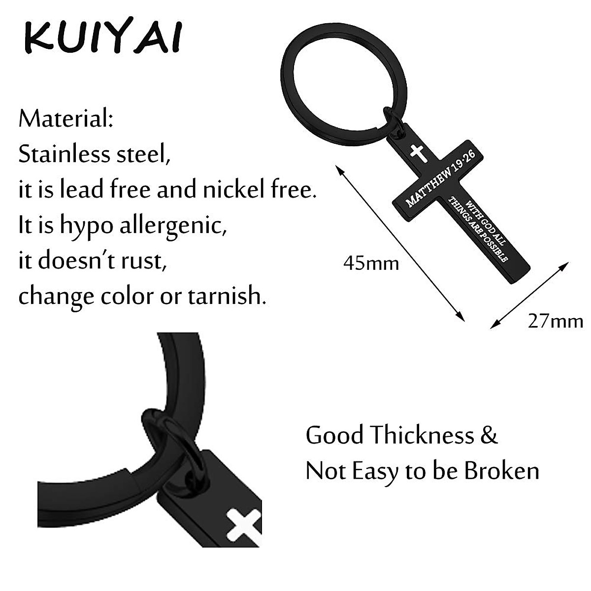 KUIYAI Matthew 19:26 with God All Things are Possible Cross Religious Keychain Christian Gift Bible Verse Inspirational Keyring (Black keychain)