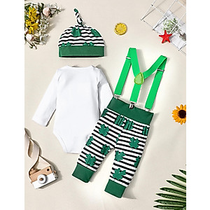 AGAPENG St Patricks Day Baby Boy Outfit Baby St Patricks Day Outfit Boy 3-6 Months Baby Boy St Patricks Day Outfit My First St Patricks Day 1st Romper Four Leaf Clover Suspenders Pants Stripe Hat